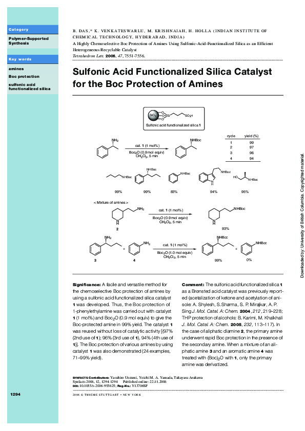 (PDF) Sulfonic Acid Functionalized Silica Catalyst for the Boc ...