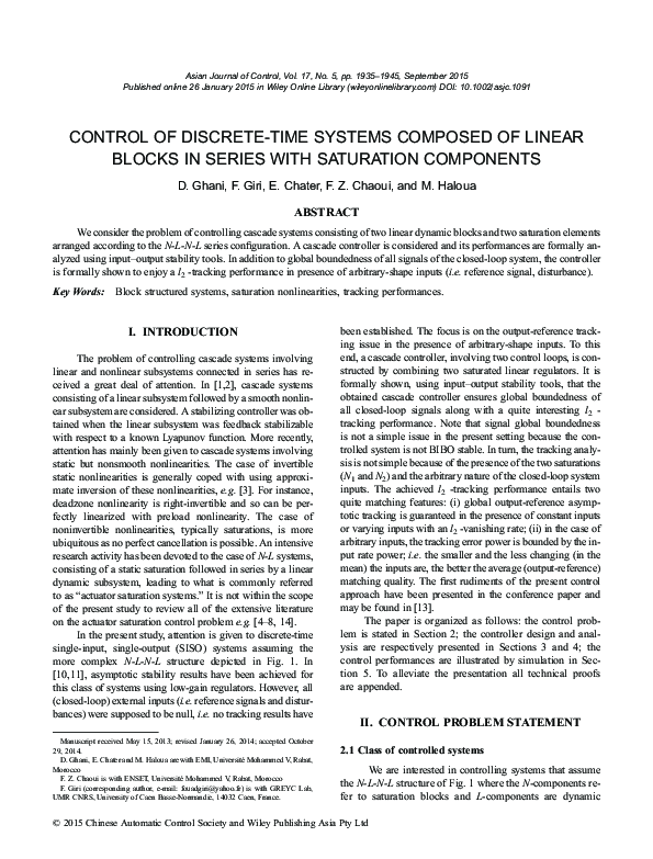 (PDF) Control of Discrete-Time Systems Composed of Linear Blocks in Series with Saturation ...