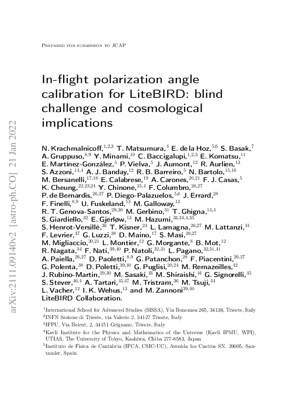 (PDF) In-flight polarization angle calibration for LiteBIRD: blind challenge and cosmological ...