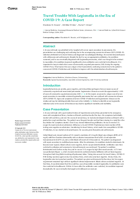 (PDF) Travel Trouble With Legionella in the Era of COVID-19: A Case Report