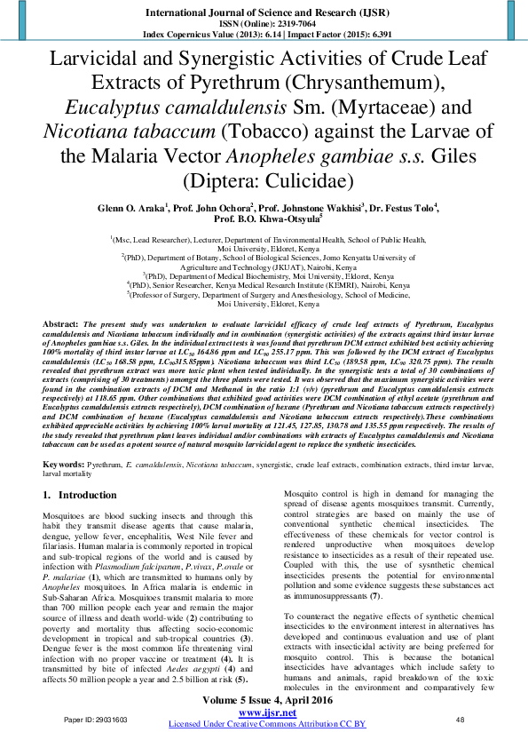 (PDF) Larvicidal and Synergistic Activities of Crude Leaf Extracts of Pyrethrum (Chrysanthemum ...