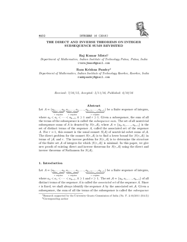 Pdf The Direct And Inverse Theorems On Integer Subsequence Sums