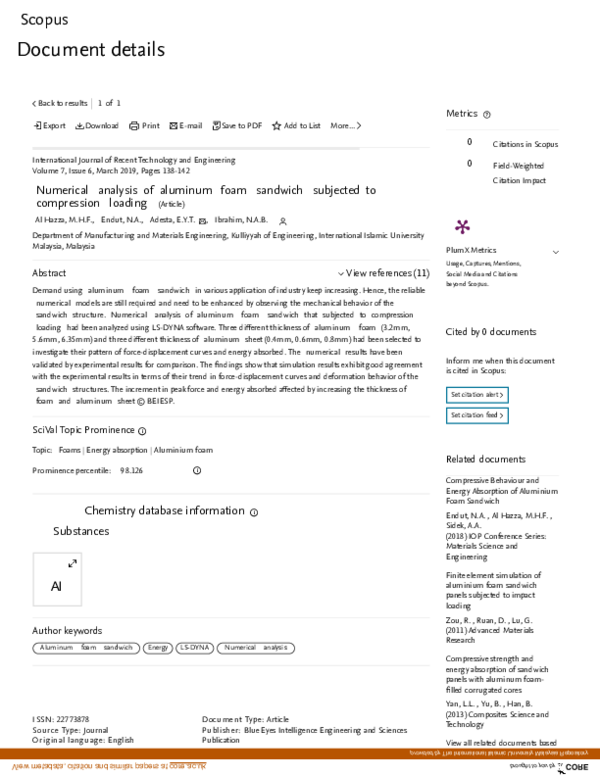 (PDF) Numerical analysis of aluminum foam sandwich subjected to ...