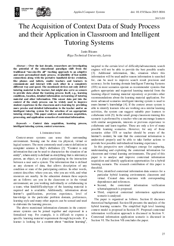 (PDF) The Acquisition of Context Data of Study Process and their Application in Classroom and ...