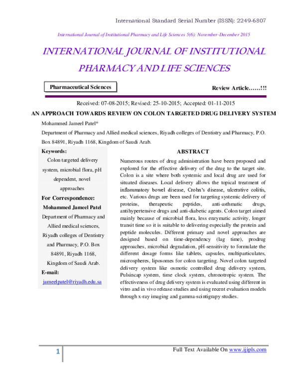 Pdf An Approach Towards Review On Colon Targeted Drug Delivery System