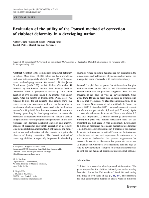 (PDF) Evaluation of the utility of the Ponseti method of correction of ...