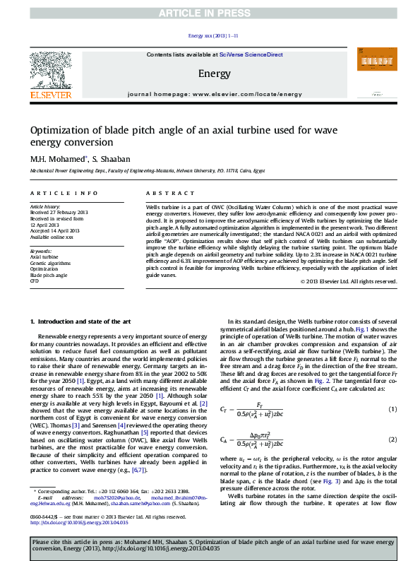 (PDF) Optimization of blade pitch angle of an axial turbine used for wave energy conversion