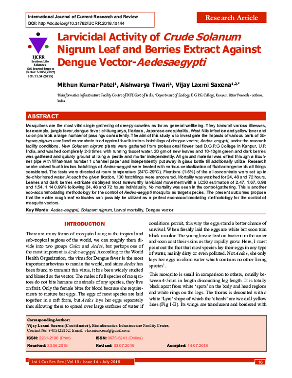 (PDF) Larvicidal Activity of Crude Solanum Nigrum Leaf and Berries Extract Against Dengue Vector ...