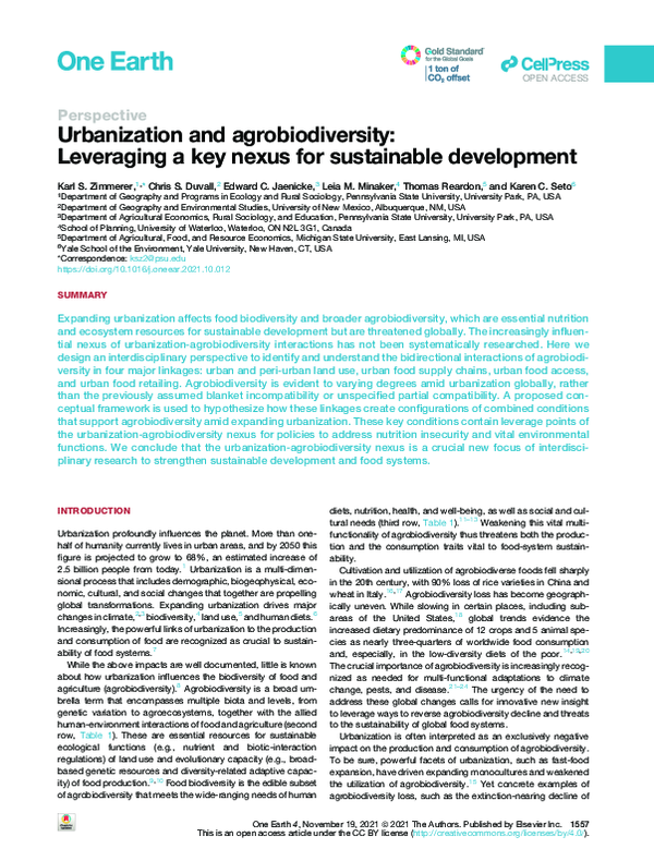 (PDF) Urbanization and agrobiodiversity: Leveraging a key nexus for sustainable development