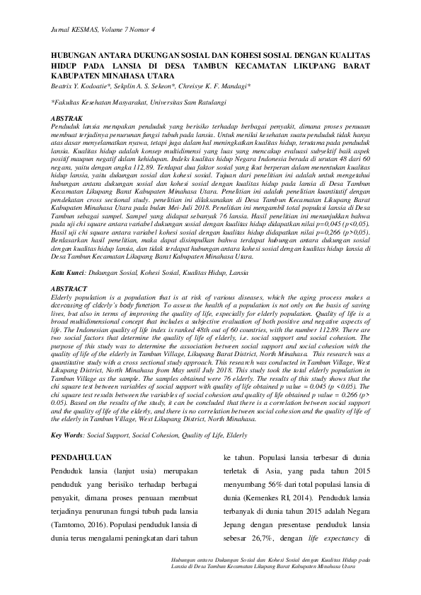 (PDF) Hubungan Antara Dukungan Sosial Dan Kohesi Sosial Dengan Kualitas Hidup Pada Lansia DI ...