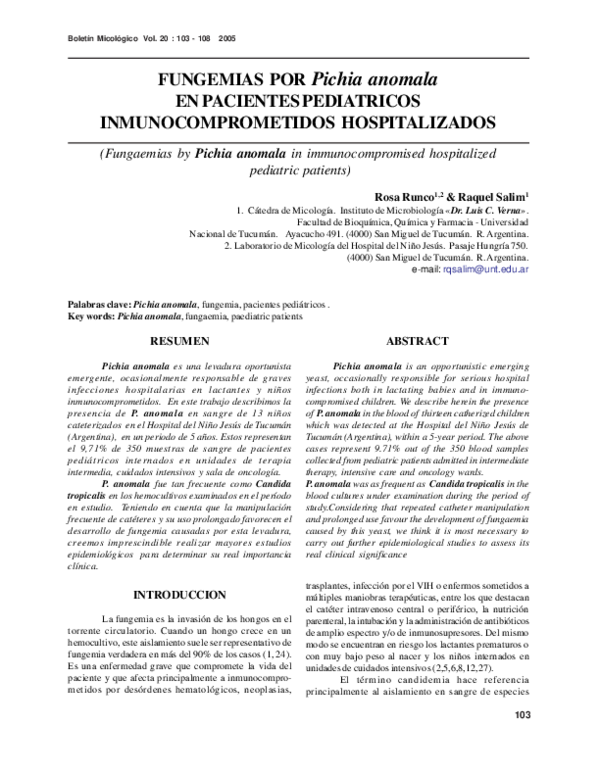 (PDF) FUNGEMIAS POR Pichia anomala EN PACIENTES PEDIATRICOS ...