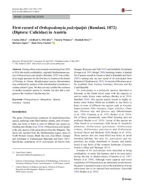 (PDF) First record of Orthopodomyia pulcripalpis (Rondani, 1872 ...