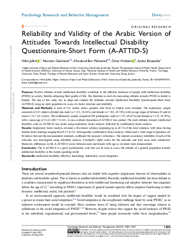 (PDF) Reliability and Validity of the Arabic Version of Attitudes Towards Intellectual ...