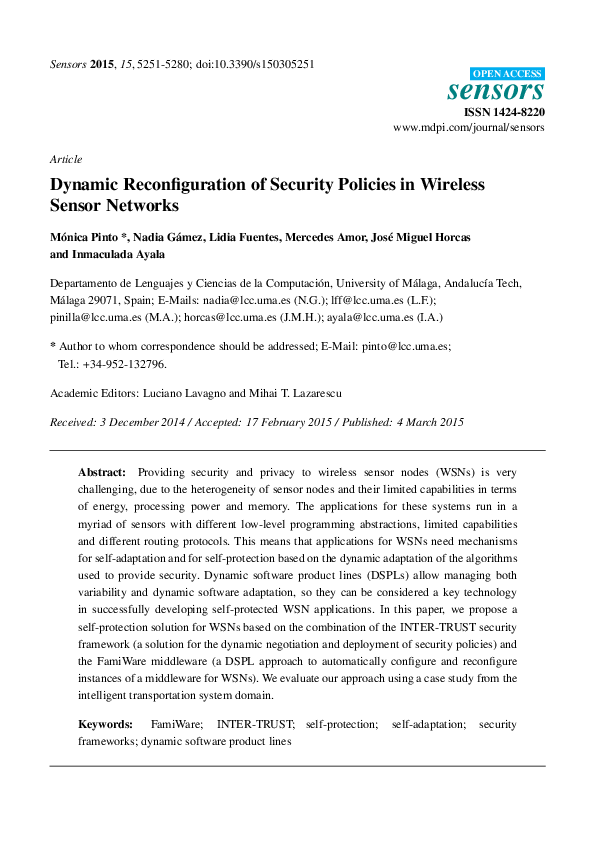 (PDF) Dynamic reconfiguration of security policies in wireless sensor networks