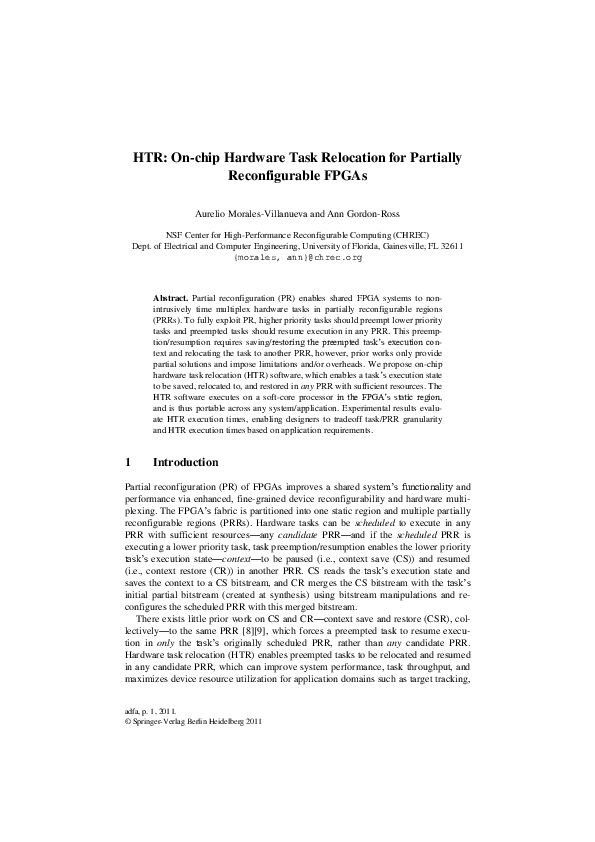 (PDF) HTR: On-Chip Hardware Task Relocation for Partially Reconfigurable FPGAs