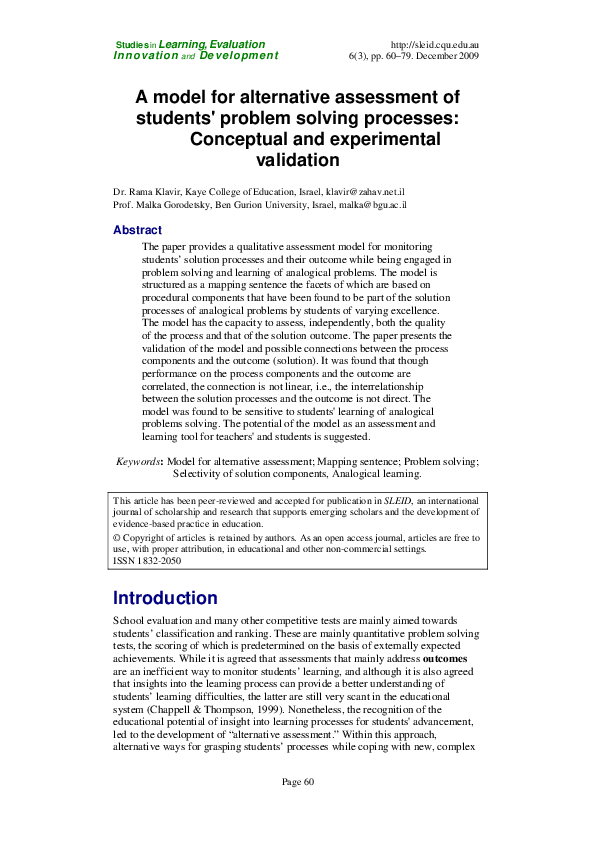 (PDF) A model for alternative assessment of students' problem solving processes: Conceptual and ...