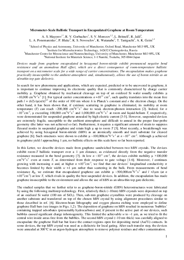 (PDF) Micrometer-Scale Ballistic Transport in Encapsulated Graphene at ...
