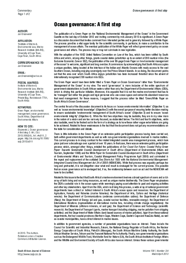 (PDF) Ocean governance: A first step