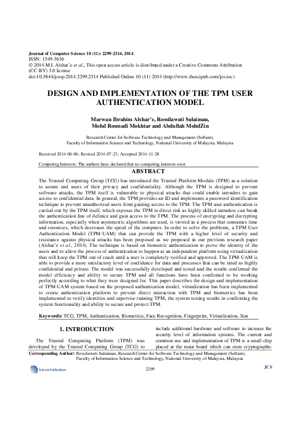 (PDF) Design and Implementation of the TPM User Authentication Model