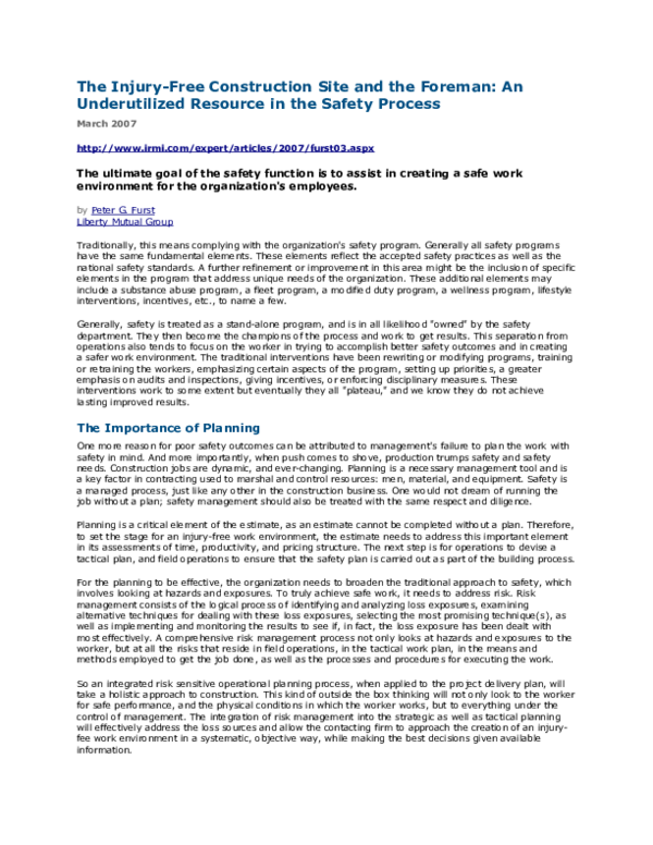 (DOC) The Injury-Free Construction Site and the Foreman: An ...