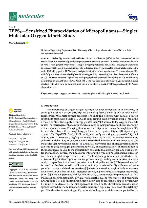 (PDF) TPPS4—Sensitized Photooxidation of Micropollutants—Singlet ...