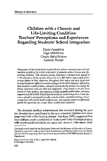 (PDF) Children with a Chronic and Life-Limiting Condition: Teachers ...