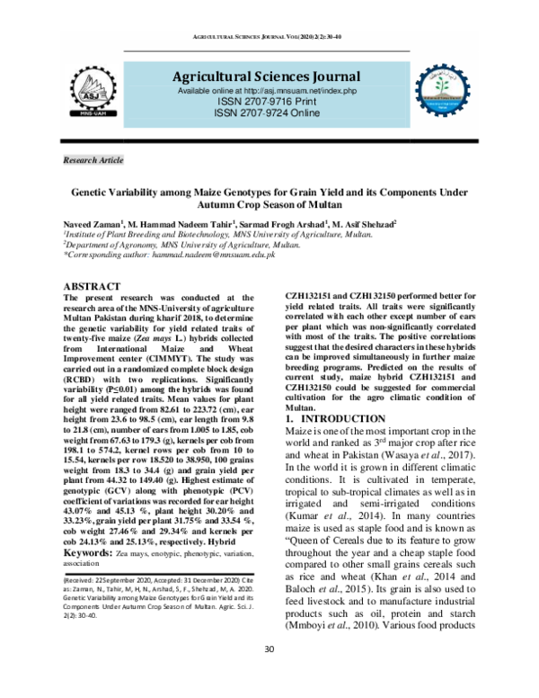 (PDF) Genetic Variability Among Maize Genotypes for Grain Yield and Its Components Under Autumn ...