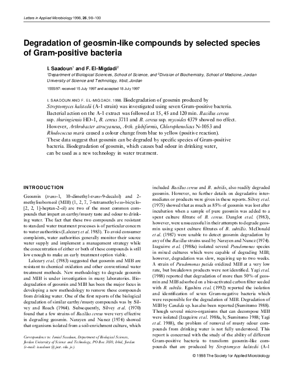 (PDF) Degradation of geosmin-like compounds by selected species of Gram ...