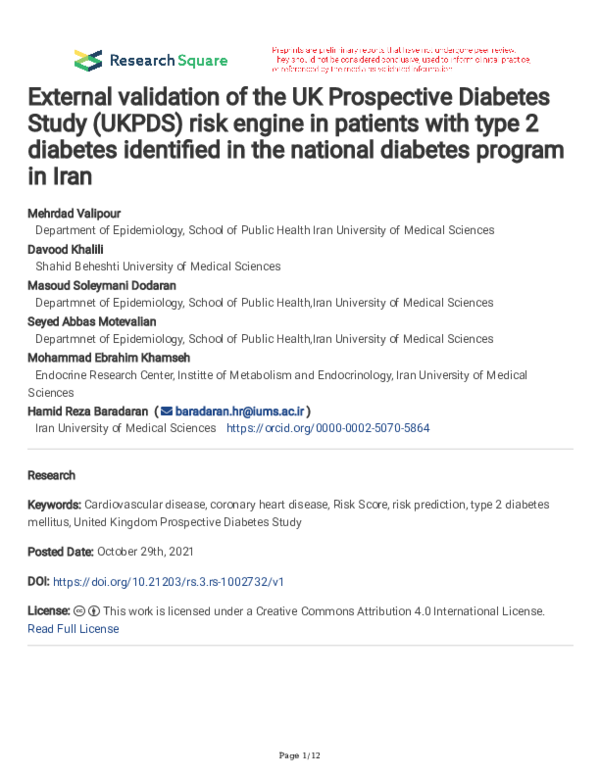 (PDF) External validation of the UK Prospective Diabetes Study (UKPDS ...