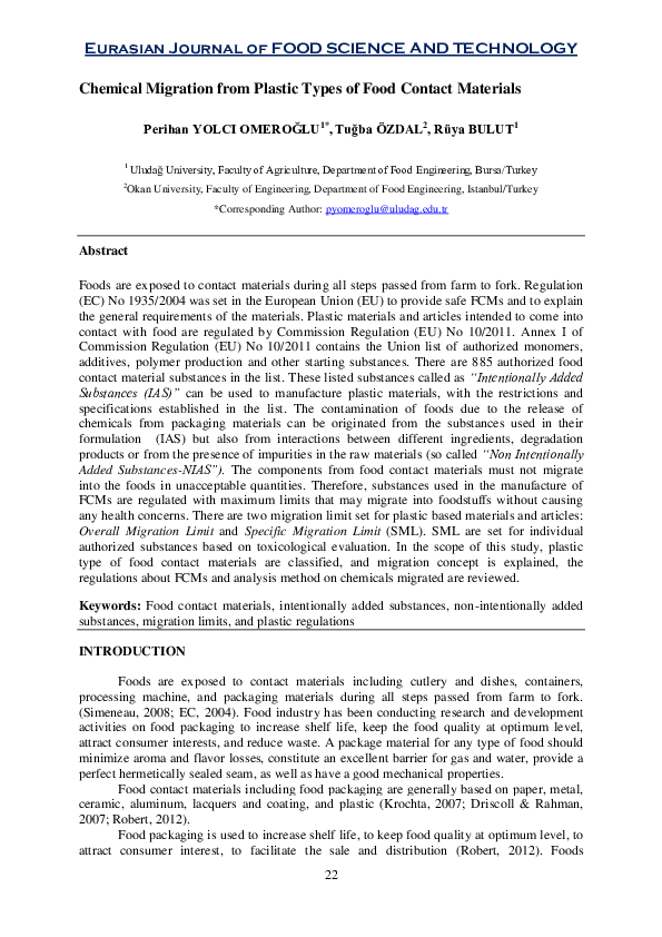 (PDF) Chemical Migration from Plastic Types of Food Contact Materials