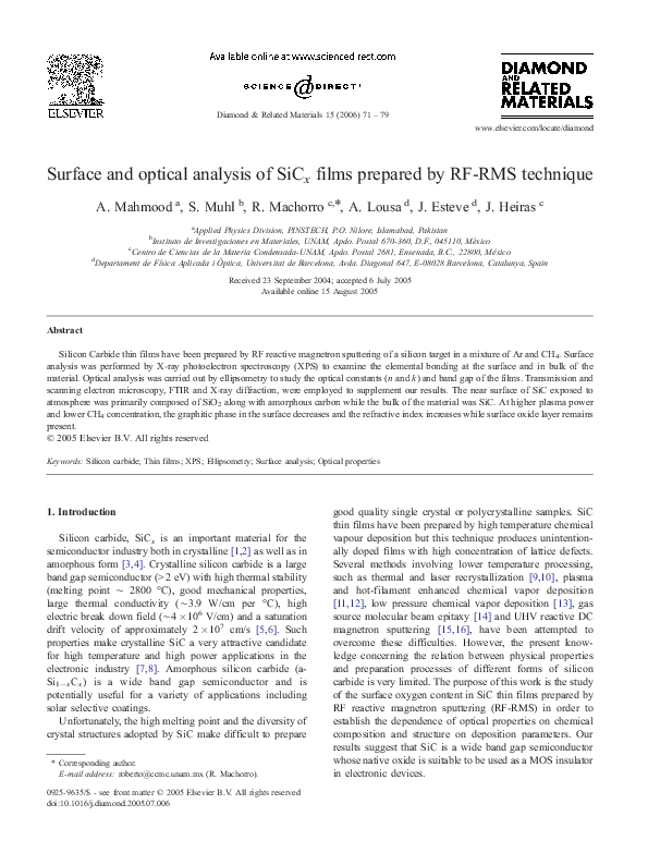 (PDF) Surface and optical analysis of SiCx films prepared by RF-RMS technique