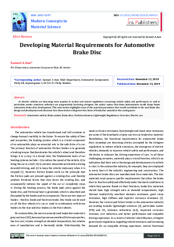 (PDF) Developing Material Requirements for Automotive Brake Disc