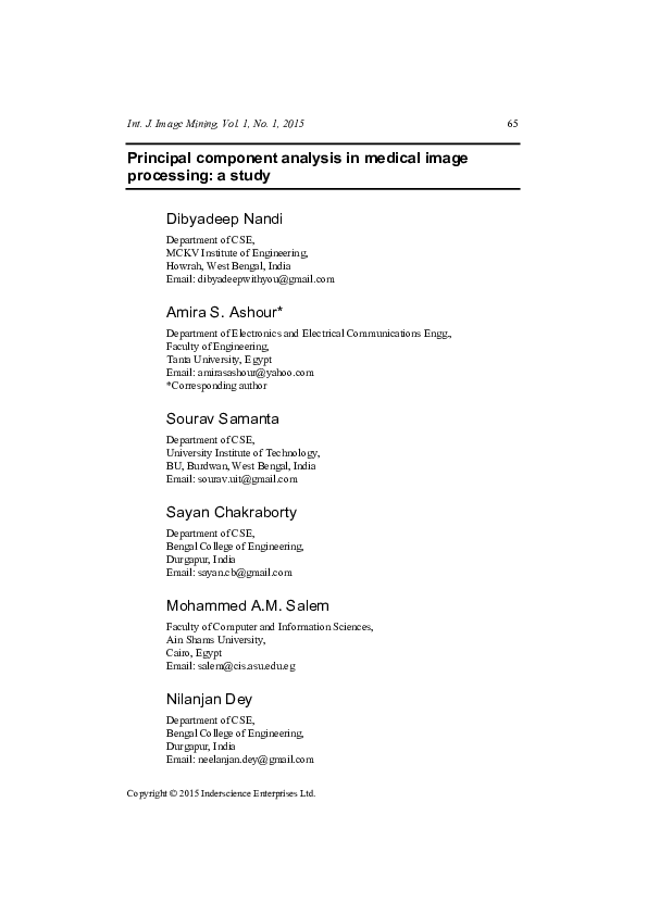 (PDF) Principal component analysis in medical image processing: a study