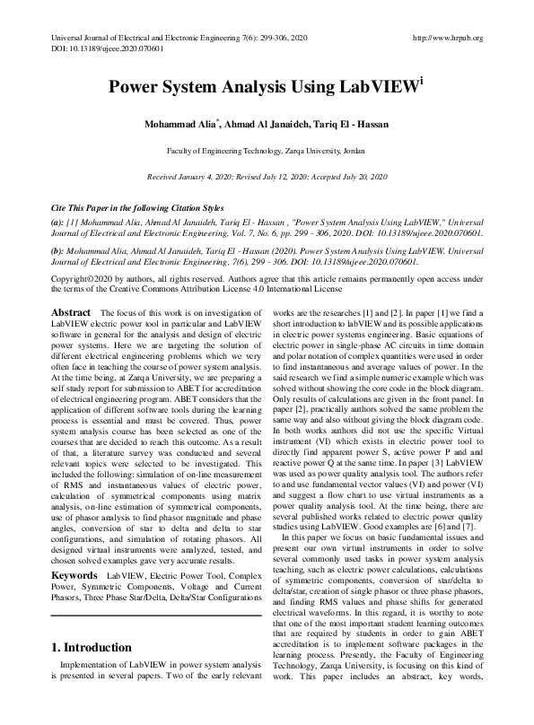 (PDF) Power System Analysis Using LabVIEW