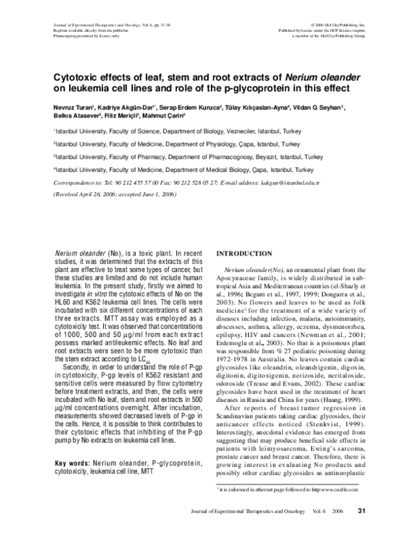 (PDF) Cytotoxic effects of leaf, stem and root extracts of Nerium ...