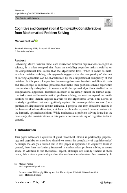 Pdf Cognitive And Computational Complexity Considerations From Mathematical Problem Solving