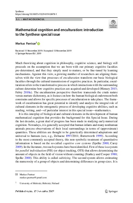 (PDF) Mathematical cognition and enculturation: introduction to the ...