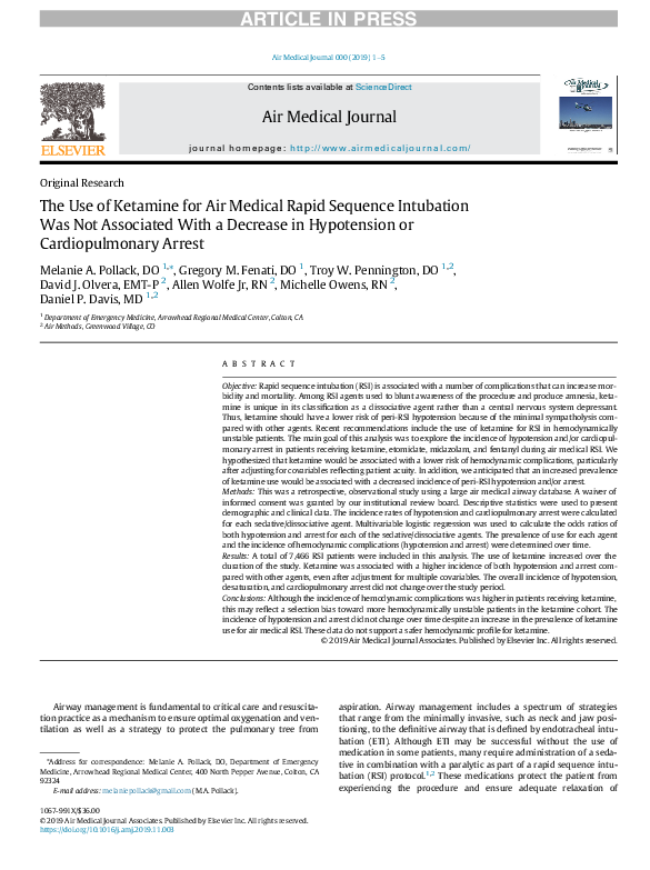 (PDF) The Use of Ketamine for Air Medical Rapid Sequence Intubation Was ...