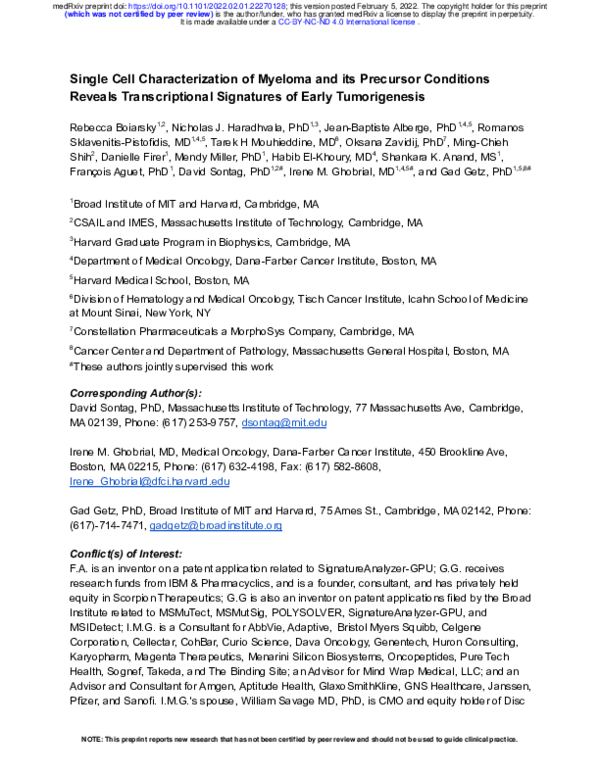 (PDF) Single Cell Characterization of Myeloma and its Precursor Conditions Reveals ...