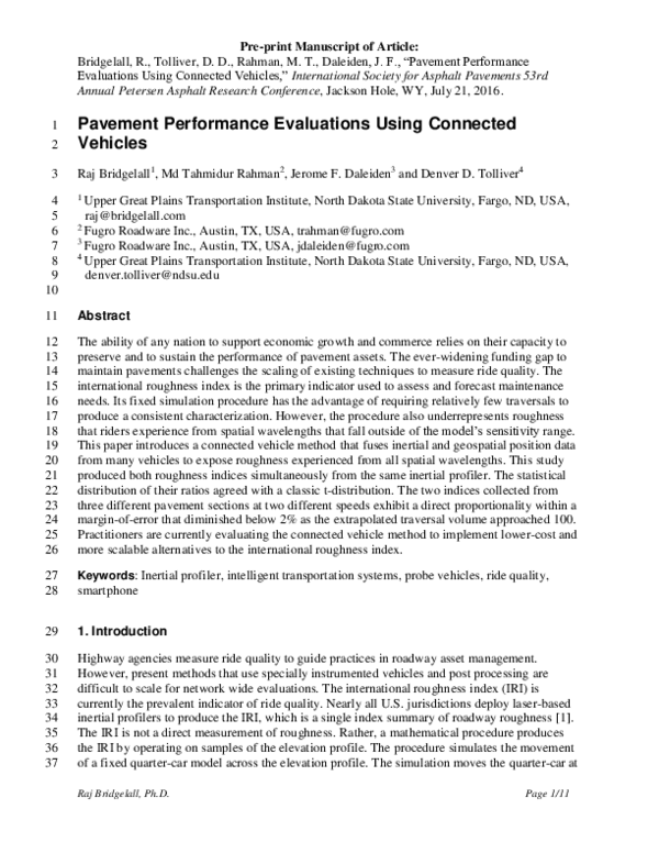 (PDF) Pavement Performance Evaluations Using Connected 1 Vehicles 2