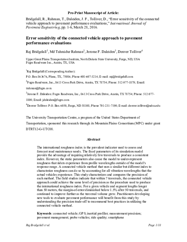(PDF) Error sensitivity of the connected vehicle approach to pavement performance evaluations