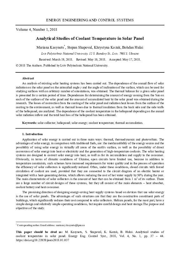 (PDF) Analytical Studies of Coolant Temperature in Solar Panel