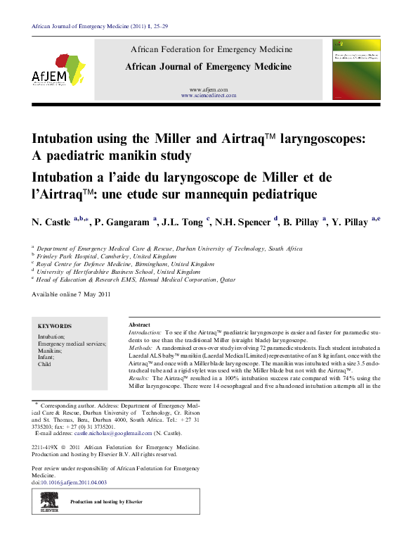 (PDF) Intubation using the Miller and Airtraq™ laryngoscopes: A ...
