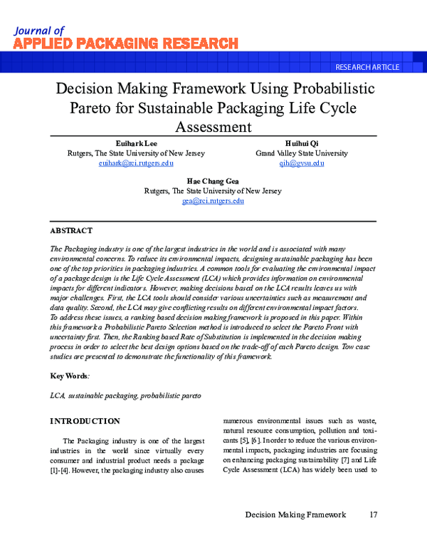 (PDF) Decision Making Framework Using Probabilistic Pareto for Sustainable Packaging Life Cycle ...