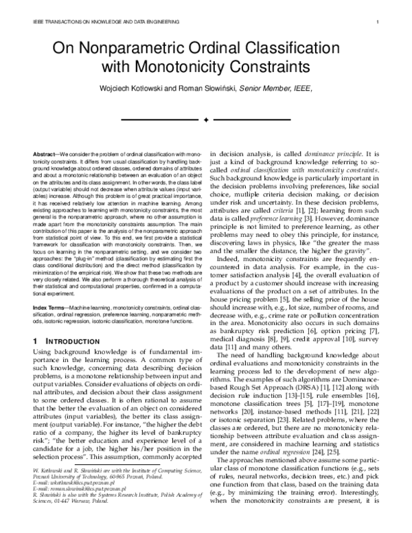 Pdf On Nonparametric Ordinal Classification With Monotonicity Constraints