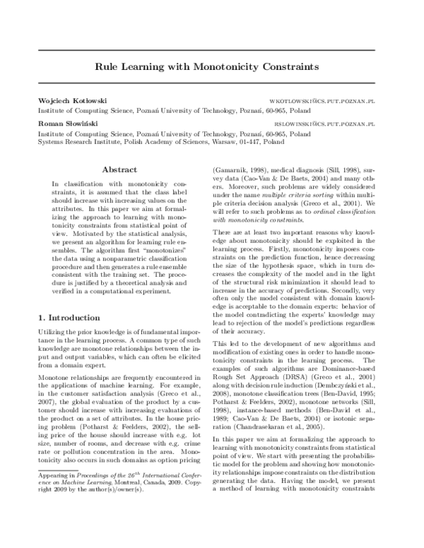 (PDF) Rule learning with monotonicity constraints