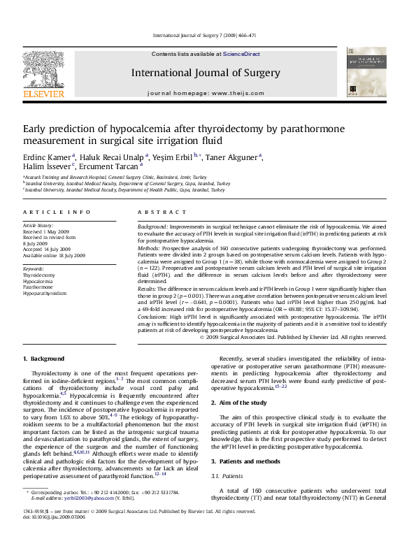 (PDF) Early prediction of hypocalcemia after thyroidectomy by parathormone measurement in ...
