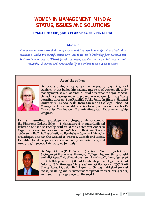 (PDF) Women in Management in India: Status, Issues and Solutions