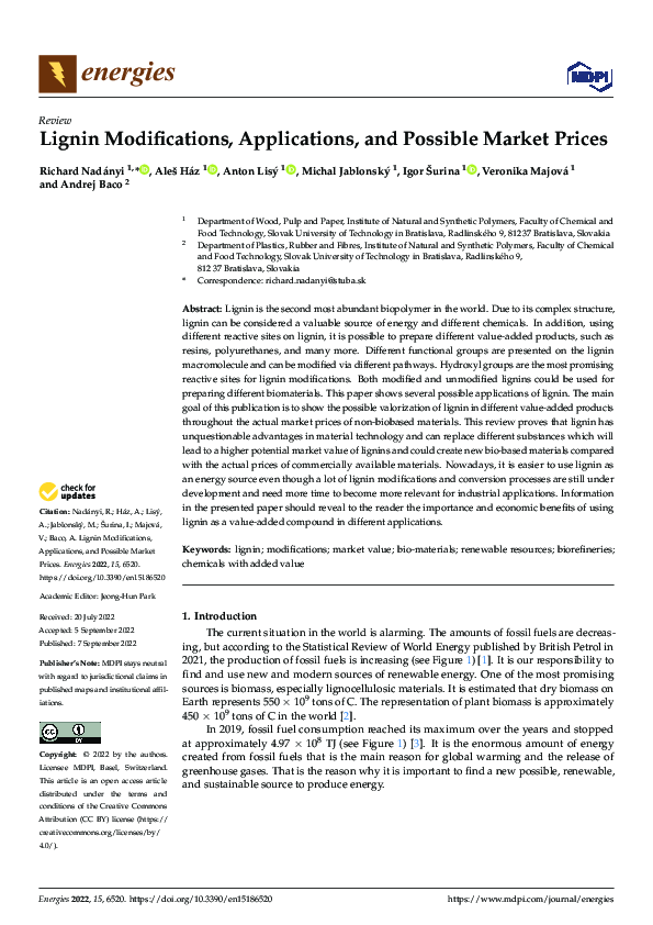 Pdf Lignin Modifications Applications And Possible Market Prices