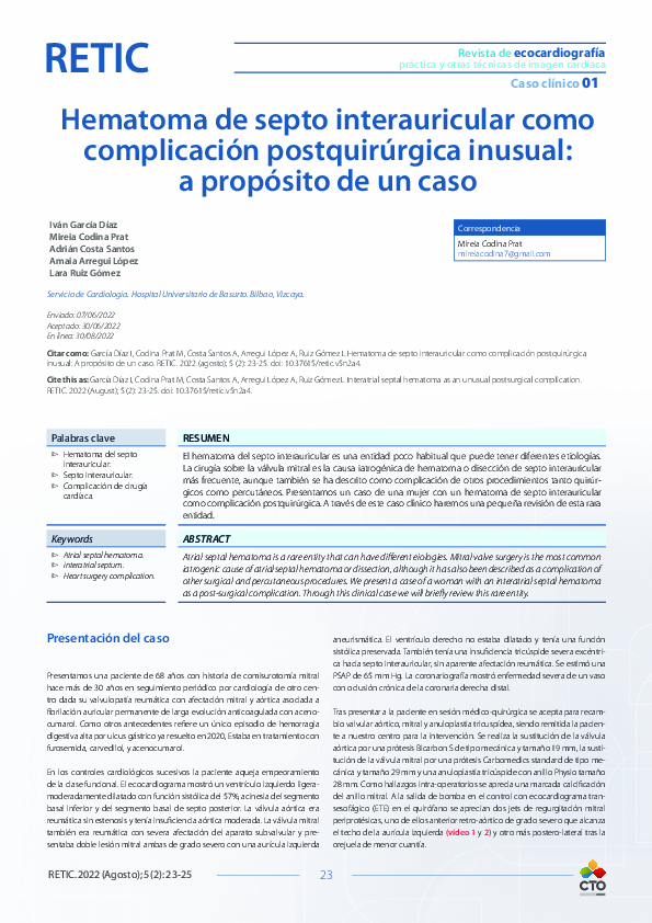 (PDF) Hematoma de septo interauricular como complicación postquirúrgica ...